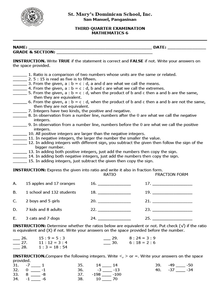 MATH 6 3rd Q | PDF | Ratio | Numbers
