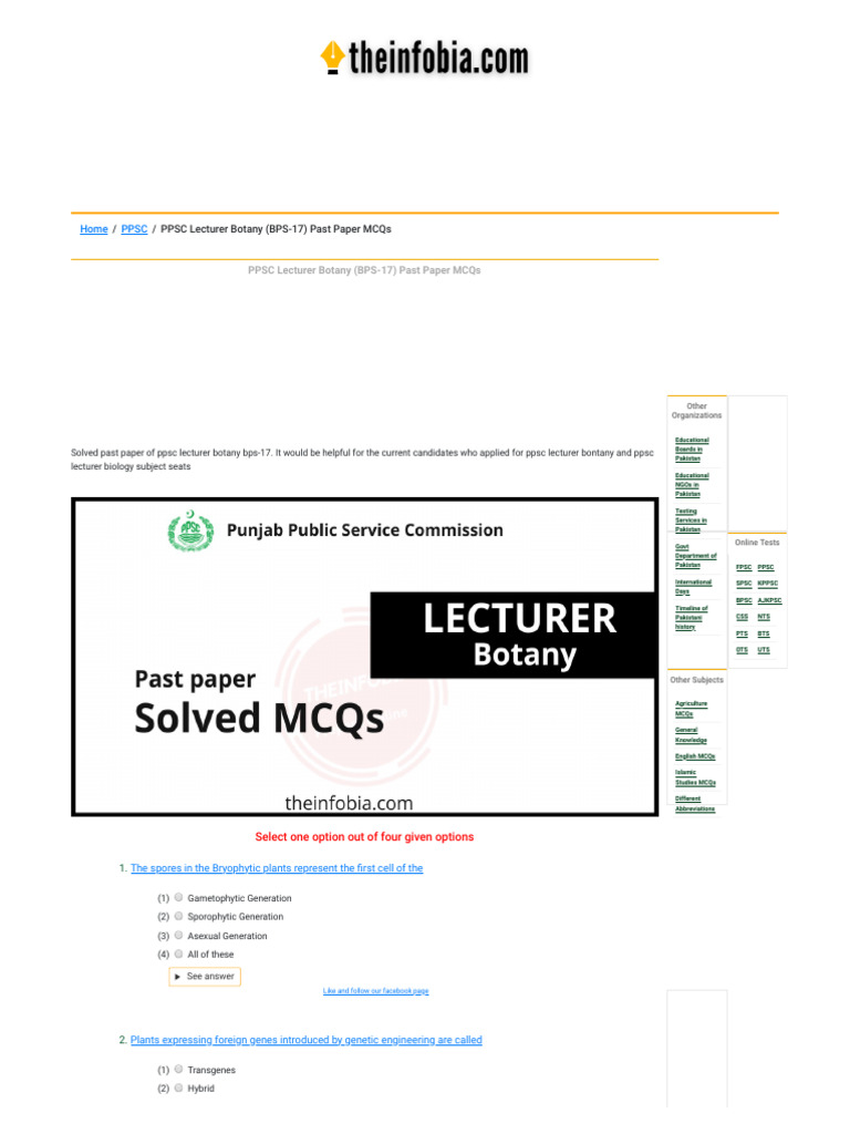 PPSC Botany Lecturer Past Paper MCQs | PDF | Meiosis | Adenosine ...