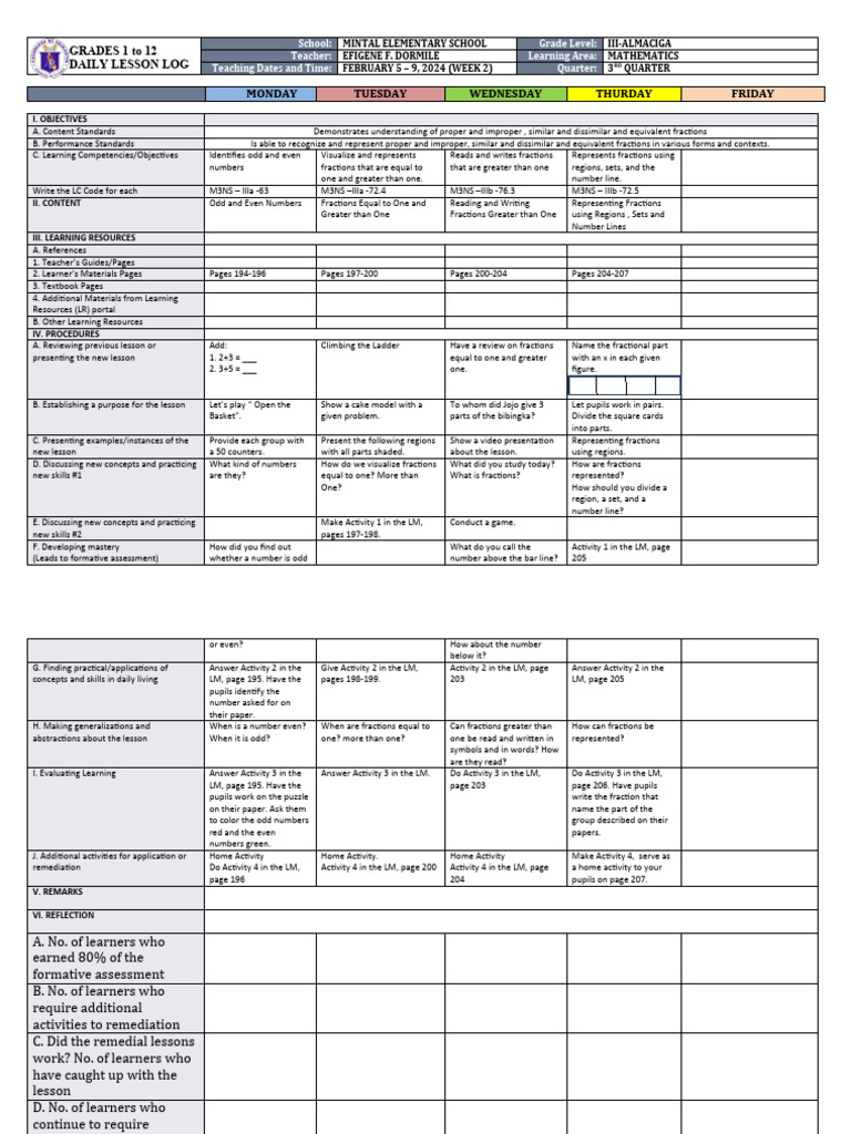 DLL Mathematics-3 Q3 W2 Edited | PDF | Learning | Numbers