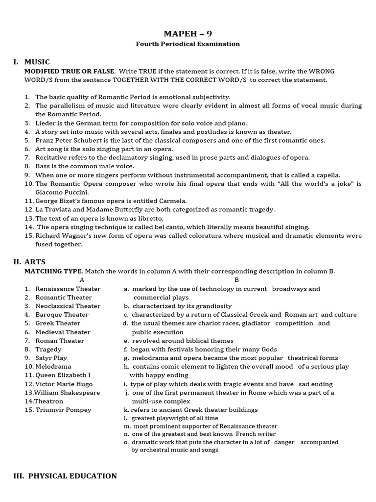 MAPEH 9 4th PT | PDF | Opera | Theatre