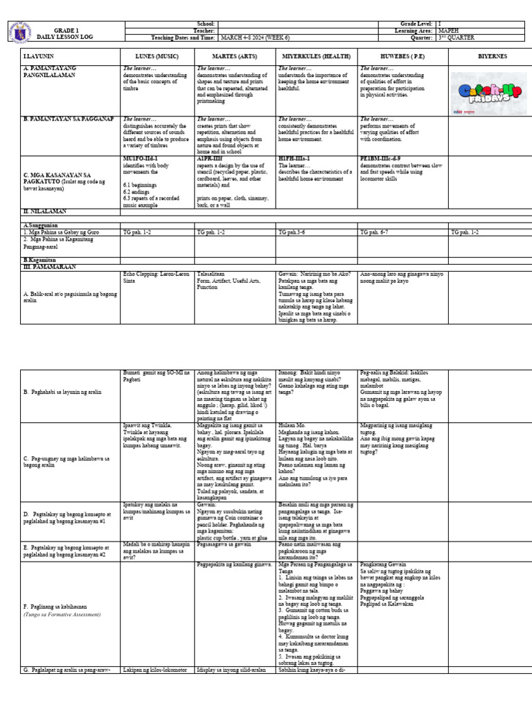 DLL - Mapeh 1 - Q3 - W6 | PDF | Learning