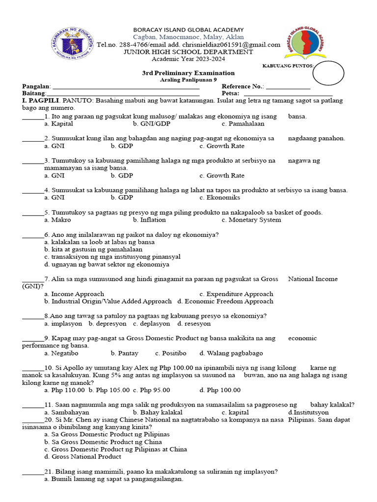 3rd Preliminary Examination - Grade 9 Araling Panlipunan 2023 - 2024 | PDF