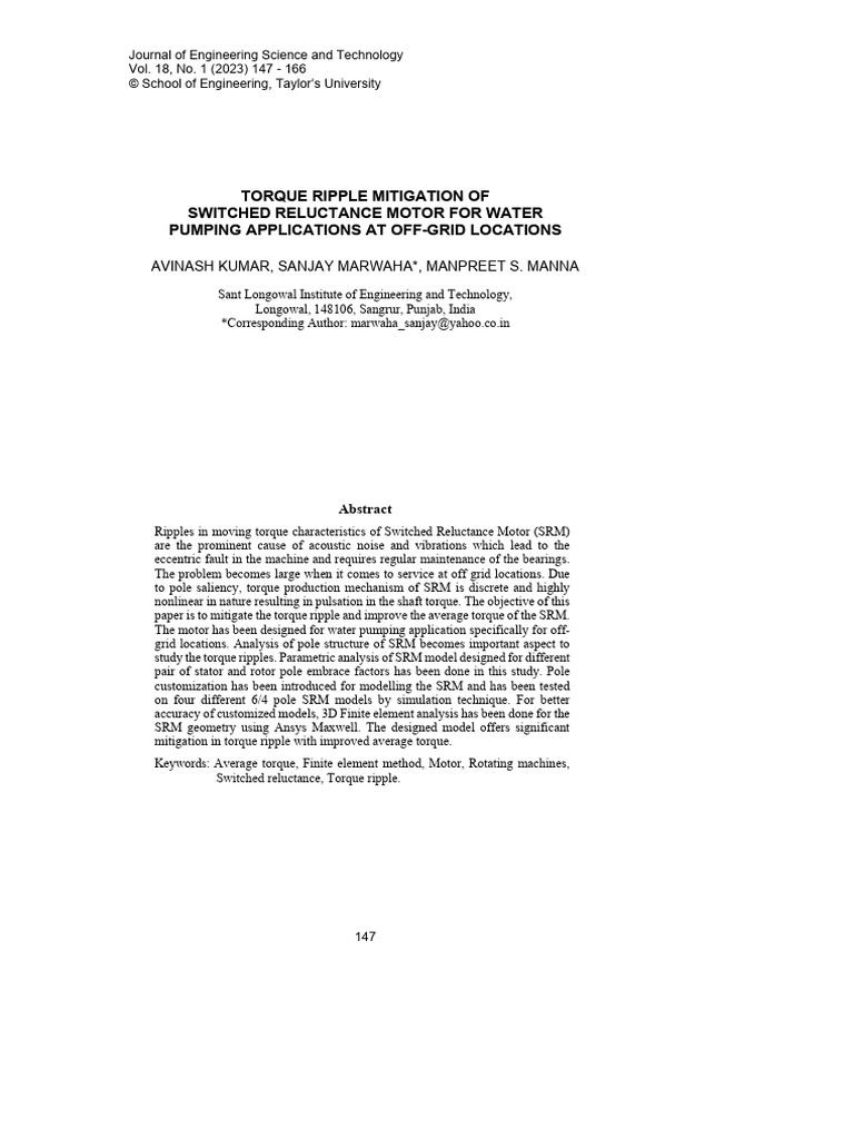 Torque Ripple Mitigation in SRM for Water Pumps | PDF | Electric Motor ...