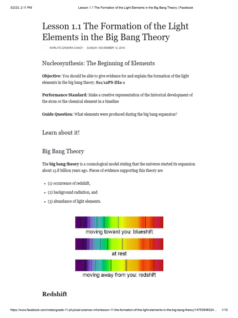 Lesson 1.1 The Formation of The Light Elements in The Big Bang Theory ...