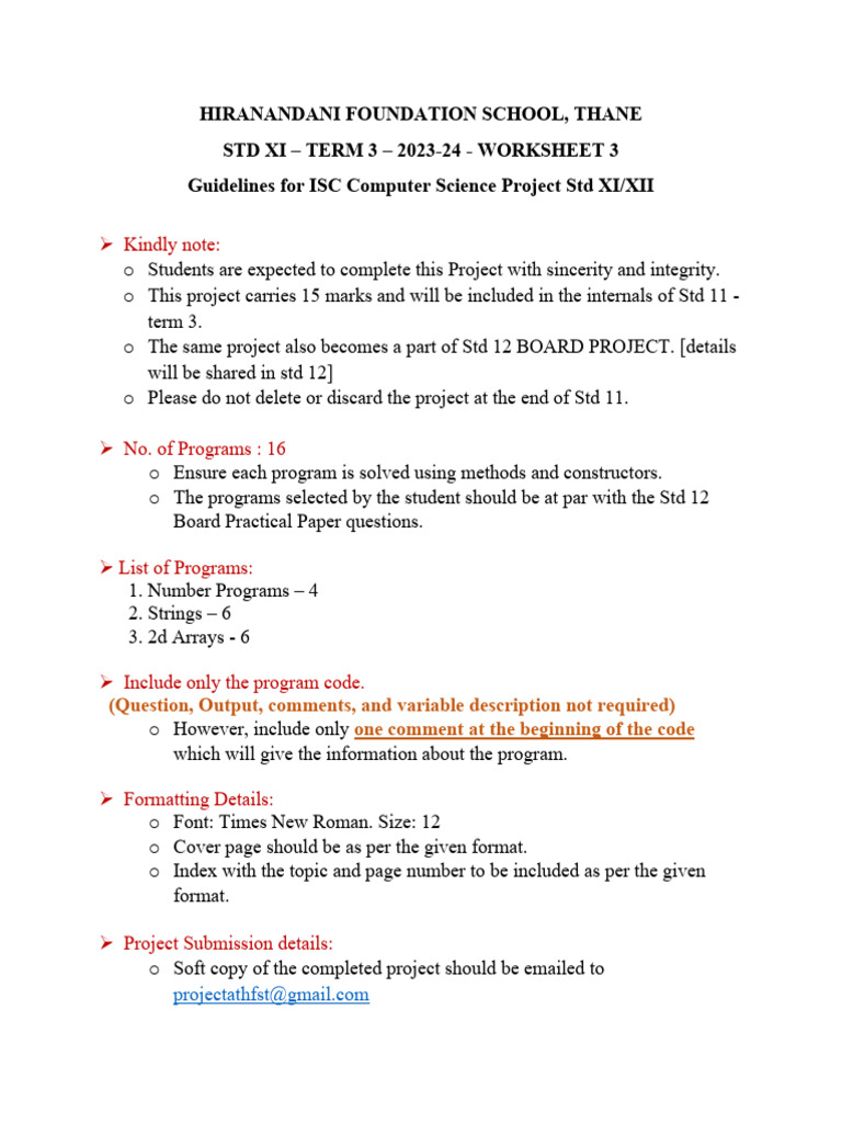 WS 3 - Guidelines for ISC Computer Science Project Std XI-2023-24 | PDF