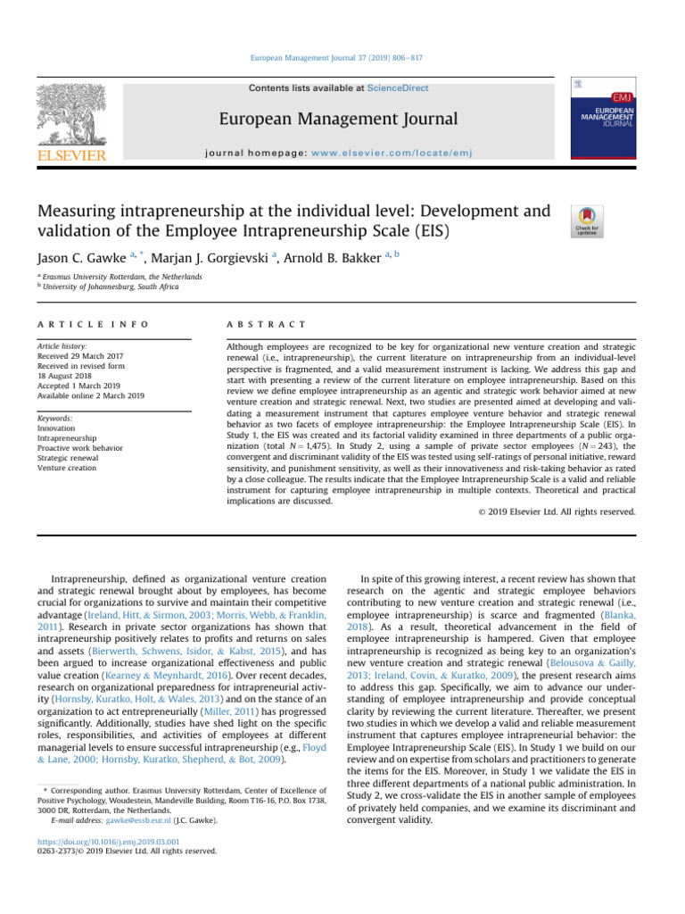 3.measuring Intrapreneurship at The Individual Level-Development and Validation of The Employee ...