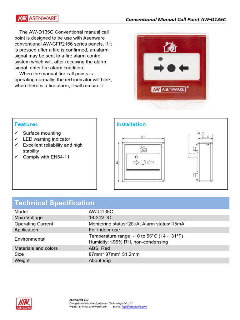 AW-D135C-Conventional Manual Call Point-Datasheet-202205 | PDF