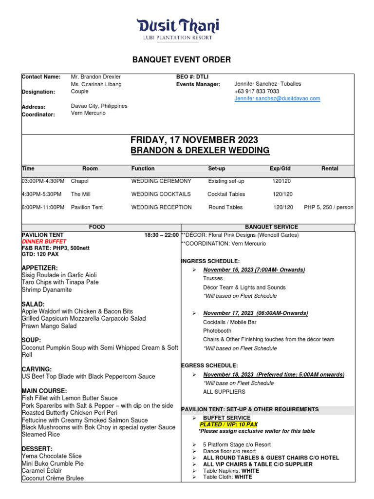 Brandon & Drexler Wedding BEO | PDF | Foods | Cuisine