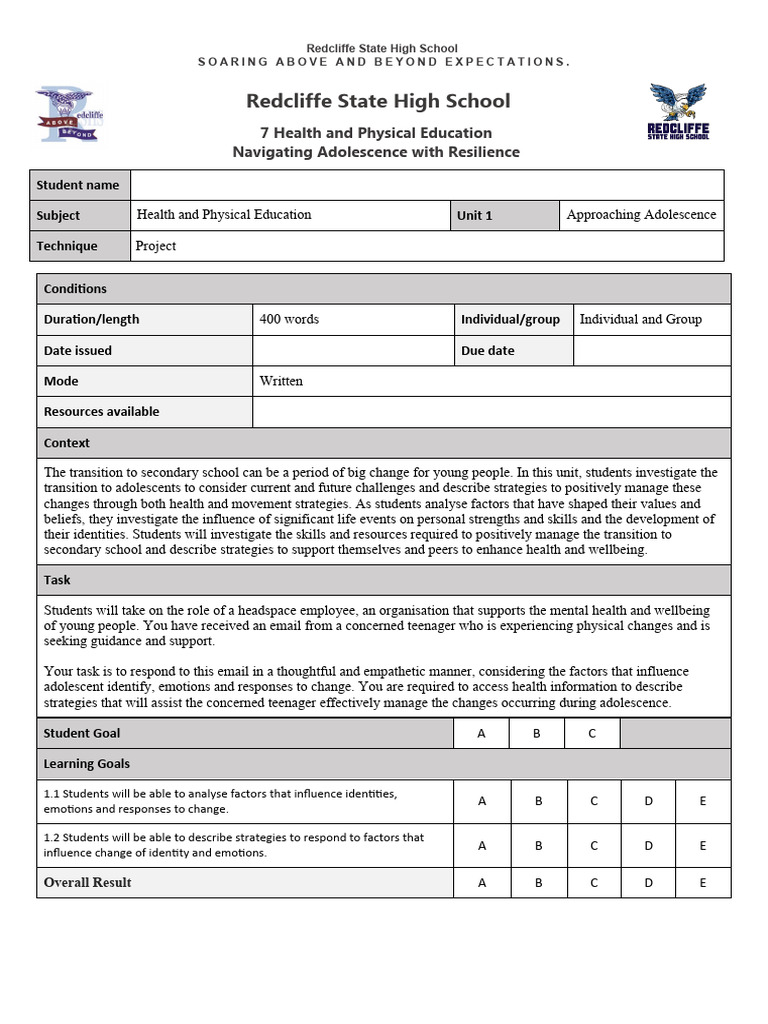 7HPE - Unit 1 Assessment Task Sheet 2 | PDF | Adolescence | Psychological Resilience