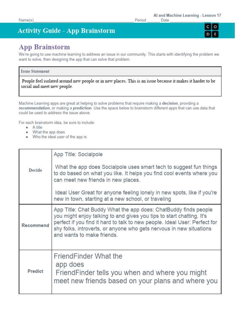 Toddle - U7L17 - Activity Guide - App Brainstorm | PDF