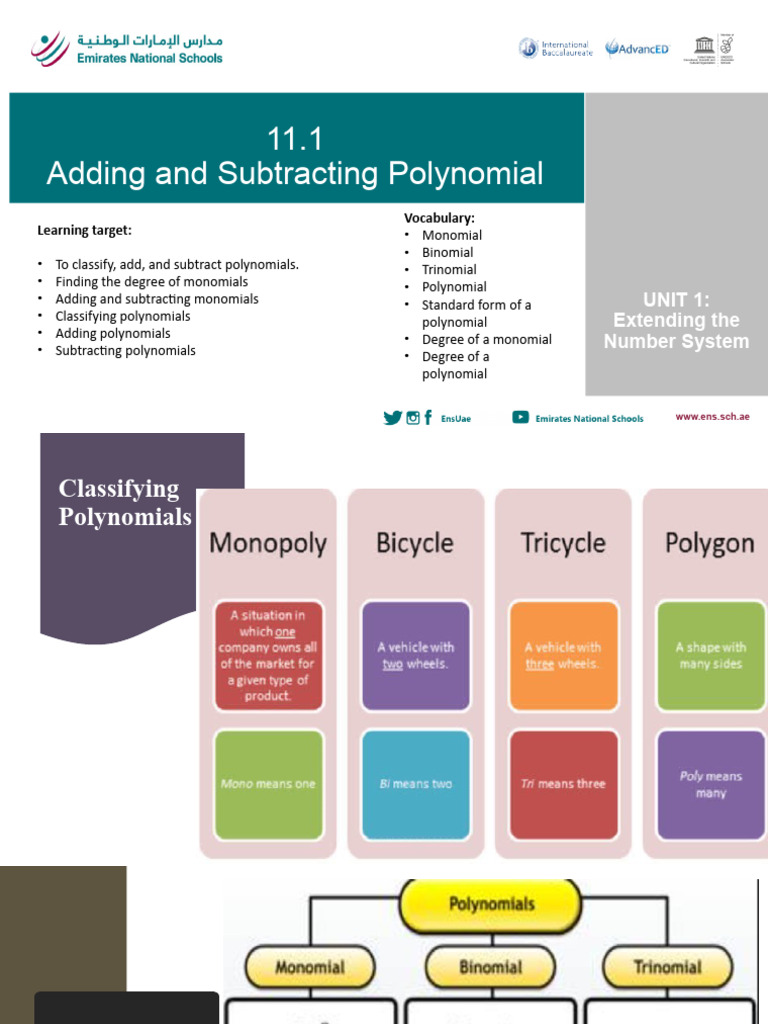11.1 Adding and Subtracting Polynomial: Unit 1: Extending The Number ...