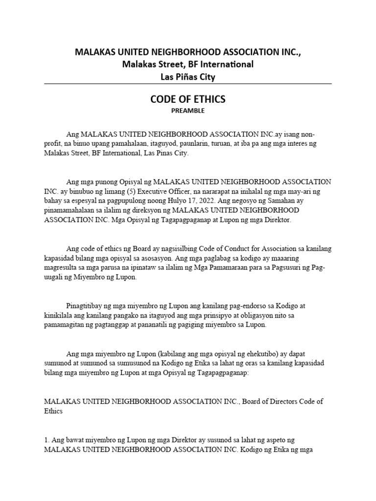MALAKAS UNITED NEIGHBORHOOD ASSOCIATION INC Code Tagalog | PDF