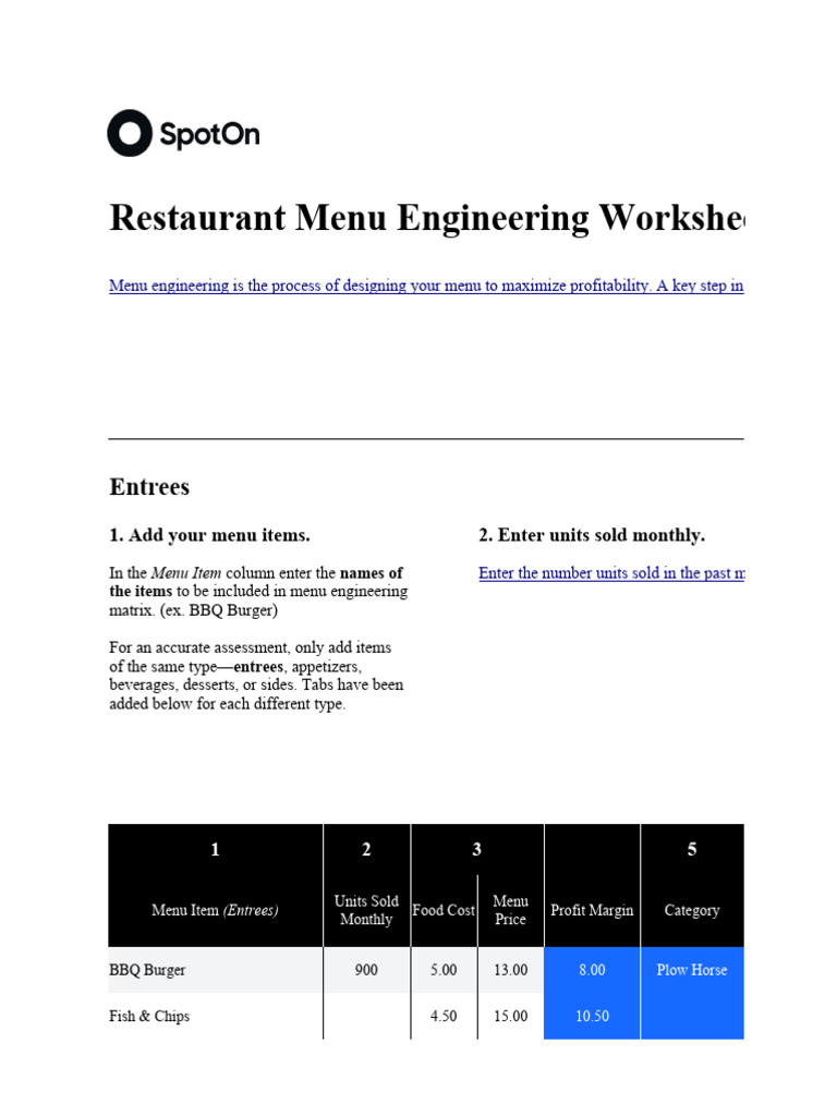 Menu Engineering Worksheet | PDF | Menu | Profit (Economics)