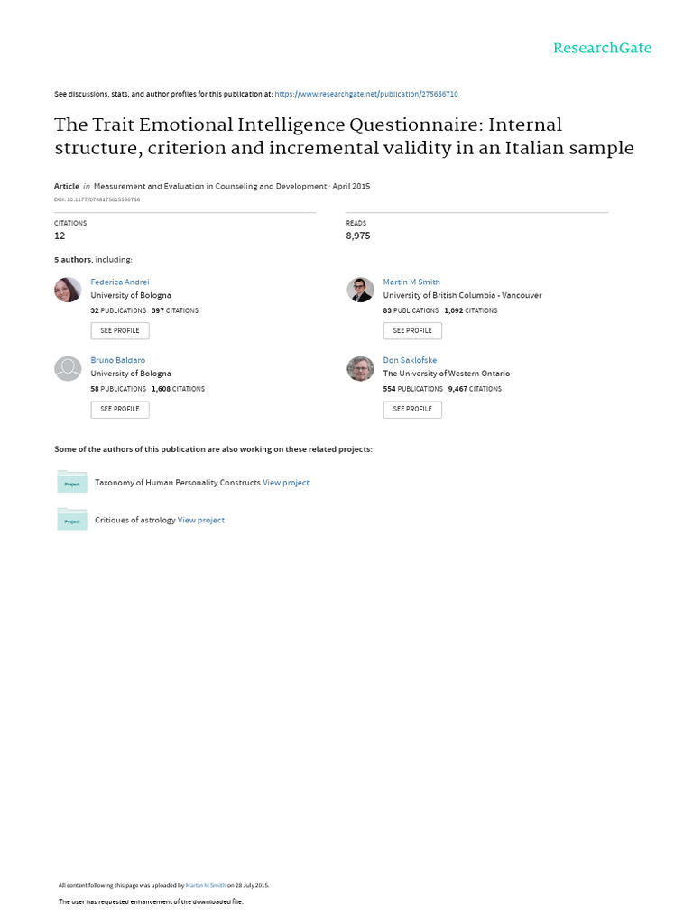 The Trait Emotional Intelligence Questionnaire: Internal Structure ...