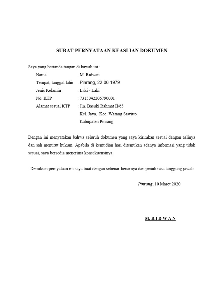 Surat Pernyataan Keaslian Dokumen M.ridwan | PDF