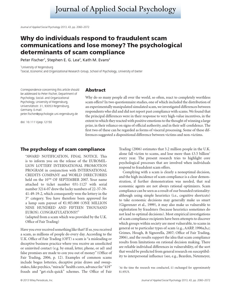 J Applied Social Pyschol - 2013 - Fischer - Why Do Individuals Respond To Fraudulent Scam ...