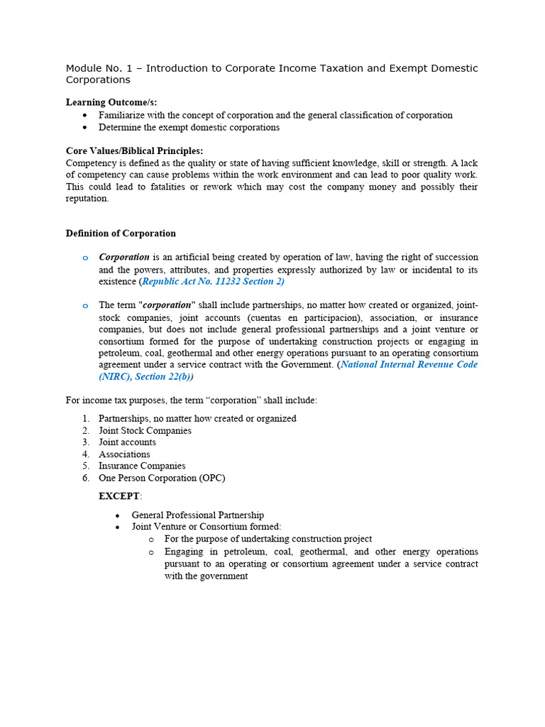 Module No. 1 - Introduction To Corporate Income Tax and Exempt Domestic ... Module No. 1 - Introduction To Corporate Income Tax and Exempt Domestic ...