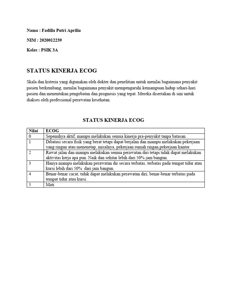 Status Kinerja ECOG untuk Profesional Kesehatan | PDF | Kesehatan ...