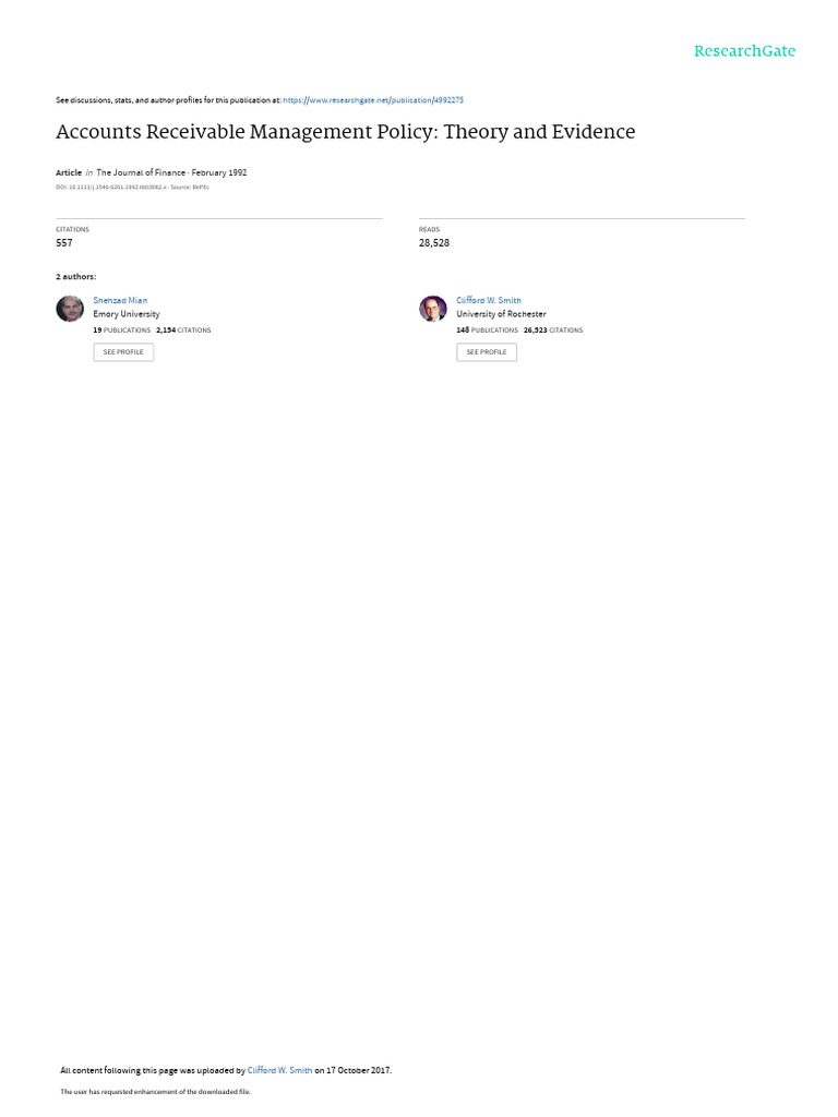 Accounts Receivable Management Policy Theory and Evidence | PDF