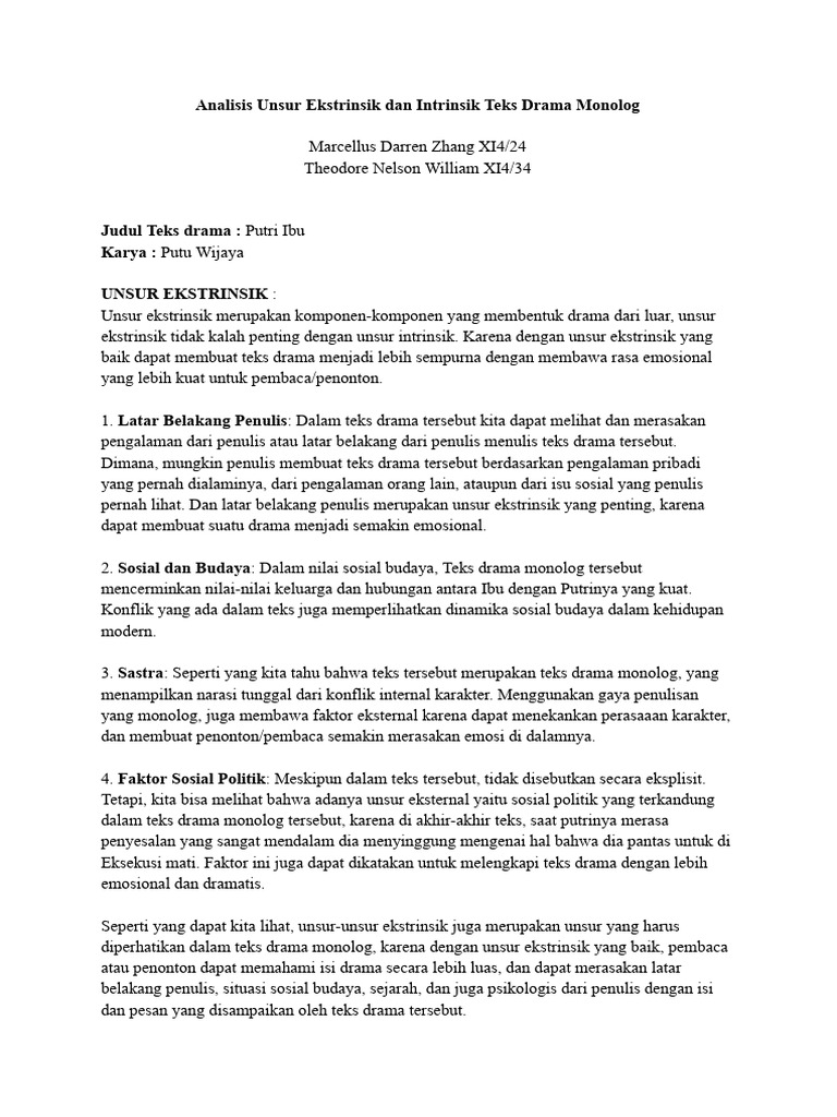 Analisis Unsur Ekstrinsik Dan Intrinsik Teks Drama | PDF