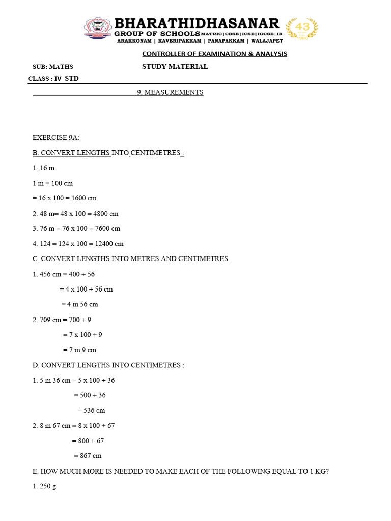 Class 4 Maths Study Material | PDF | Units Of Measurement | Metrology