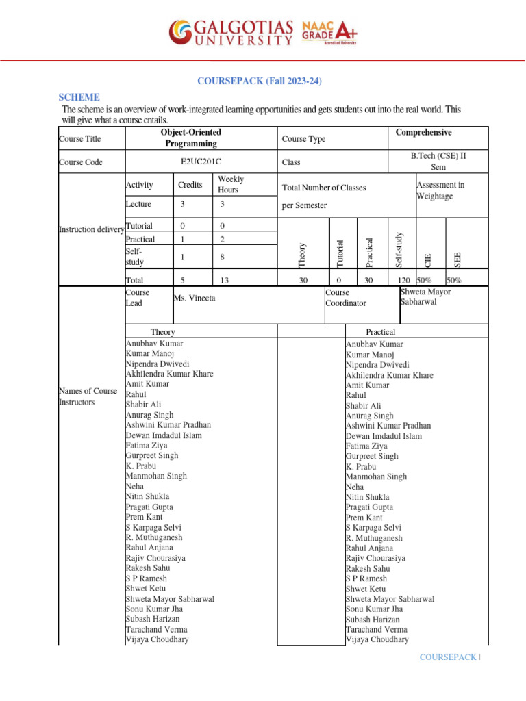 Coursepack Btech Ii Sem Oop Pdf Method Computer Programming