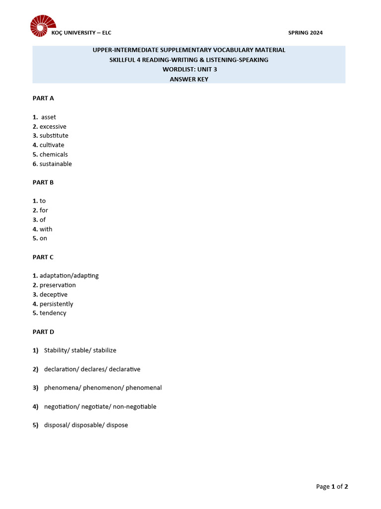 Skillful 4 - Unit 3 - Vocabulary Practice - ANSWER KEY | PDF | Science ...