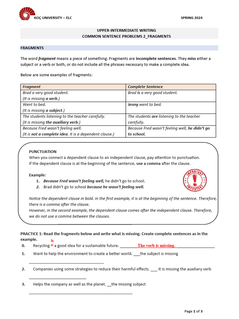 Common Sentence Problems - 2 - Fragments | PDF | Sentence (Linguistics ...