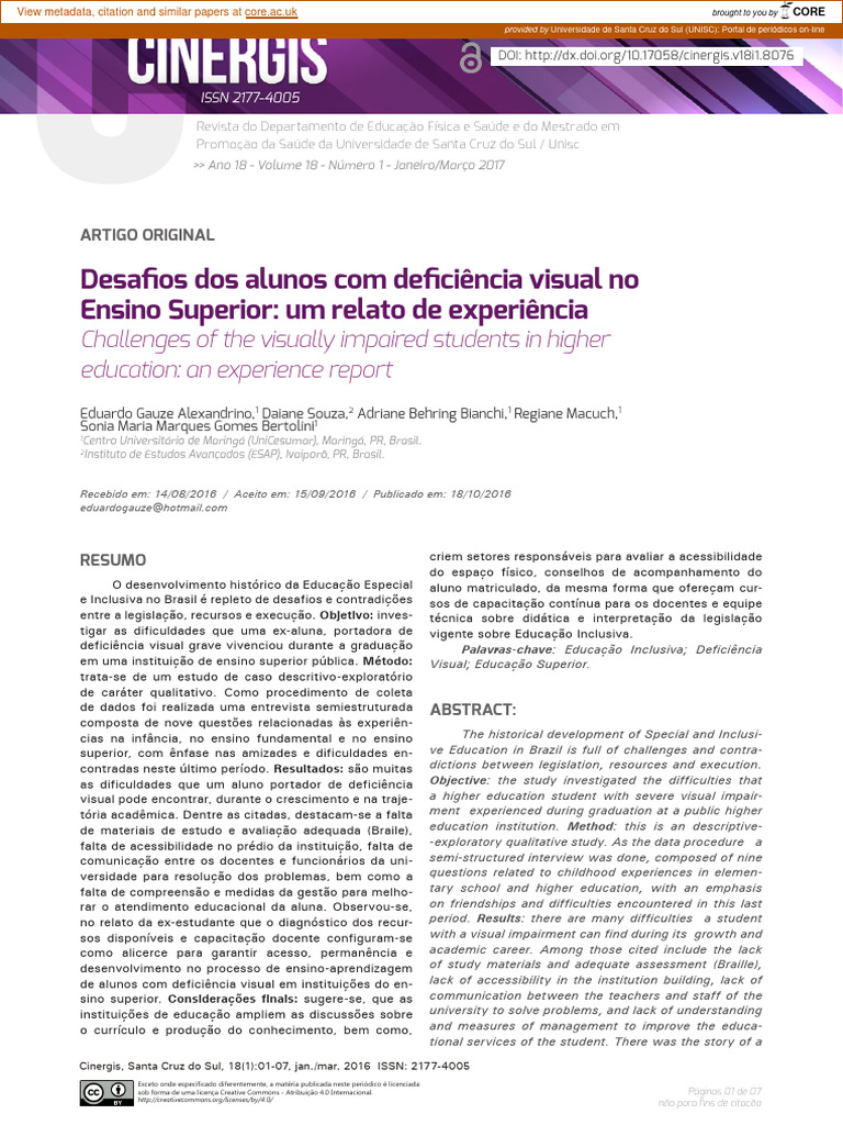 Desafios da Deficiência Visual na Graduação | PDF | Exclusão social ...