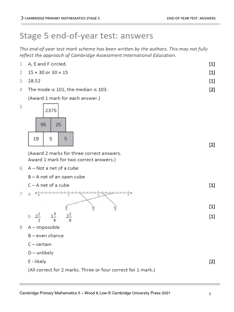 Prim Maths 5 2ed TR End of Year Test Answers | PDF | Arithmetic ...