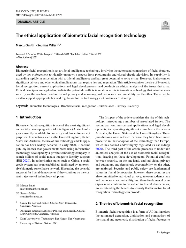 The Ethical Application of Biometric Facial Recognition Technology | PDF | Biometrics | Privacy