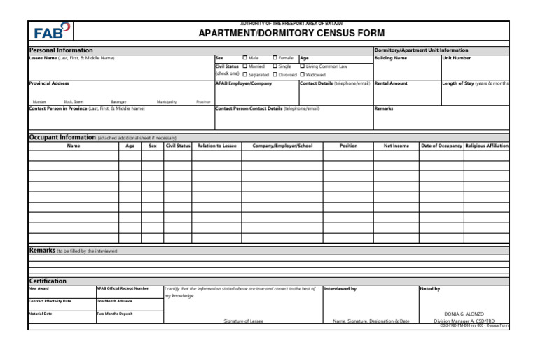 Apartment/Dormitory Census Form: Personal Information | PDF