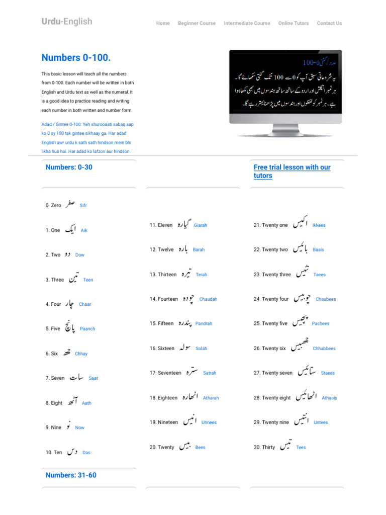 Urdu Counting 0 to 100 Guide | PDF