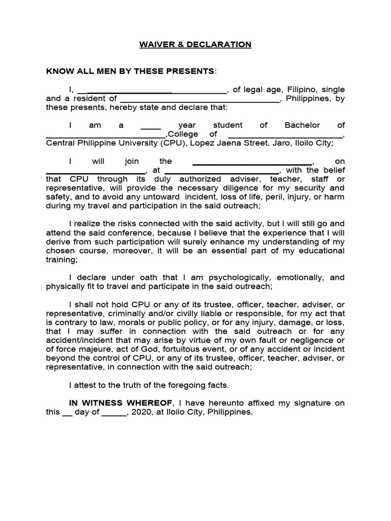 E For 18 and Above WAIVER DECLARATION | PDF | Common Law