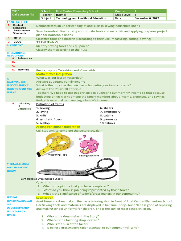 SAMPLE LESSON PLAN TLE 6 HIMAMAt Demo | PDF | Sewing | Textile Arts