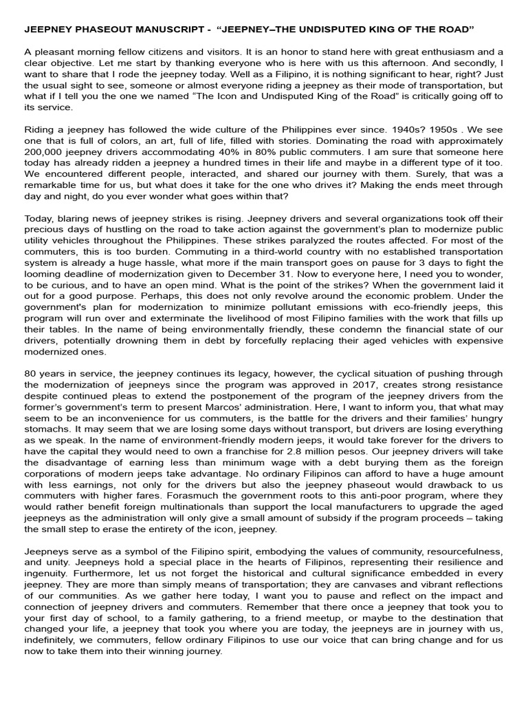 Jeepney Phaseout: Impact on Drivers and Culture | PDF | Transport ...