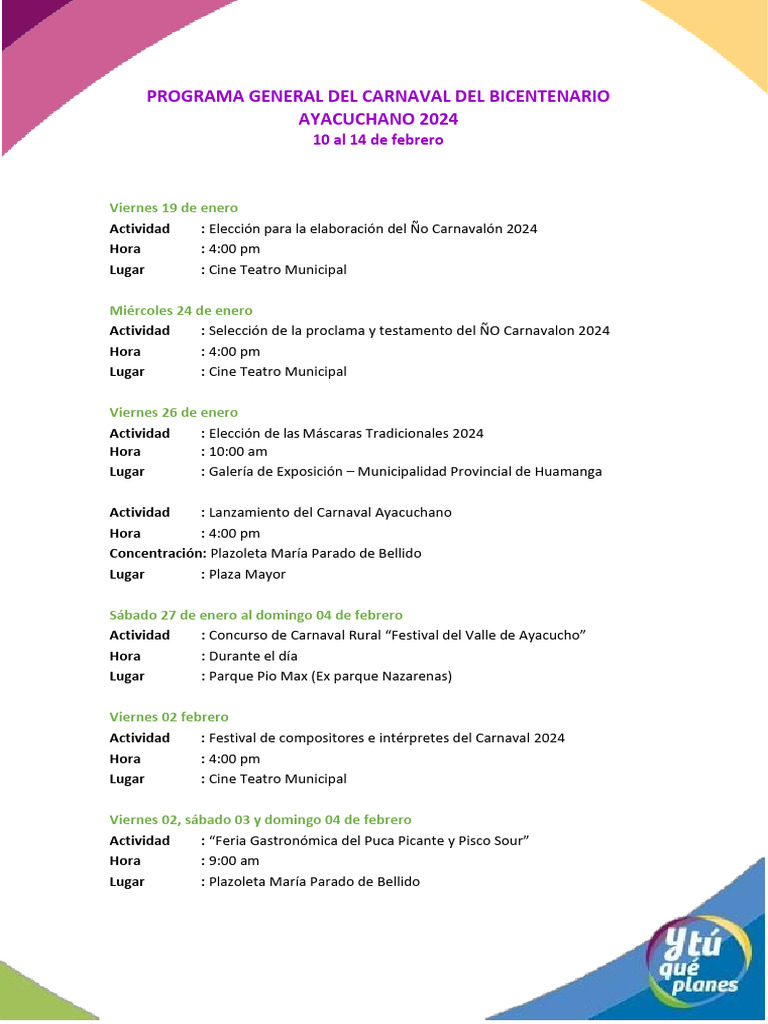 AYACUCHO - PROGRAMA CARNAVALES 2024-Actualizado | PDF