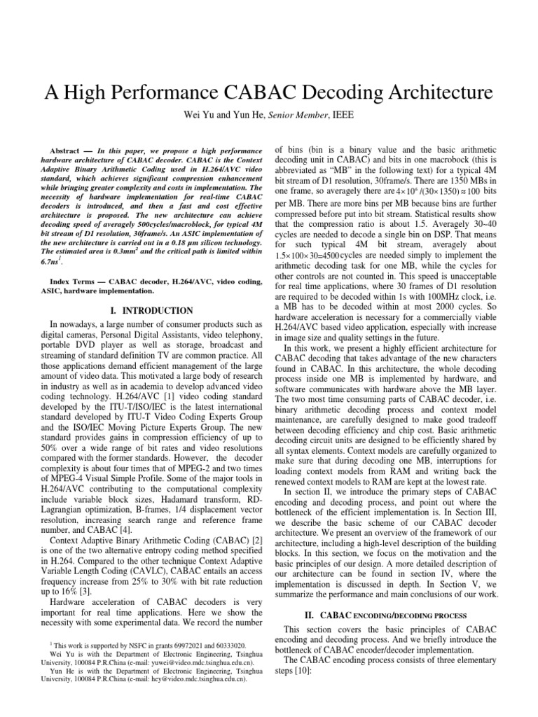 A High Performance Cabac Decoding Architecture Web Pdf H264mpeg 4 Avc Data Compression