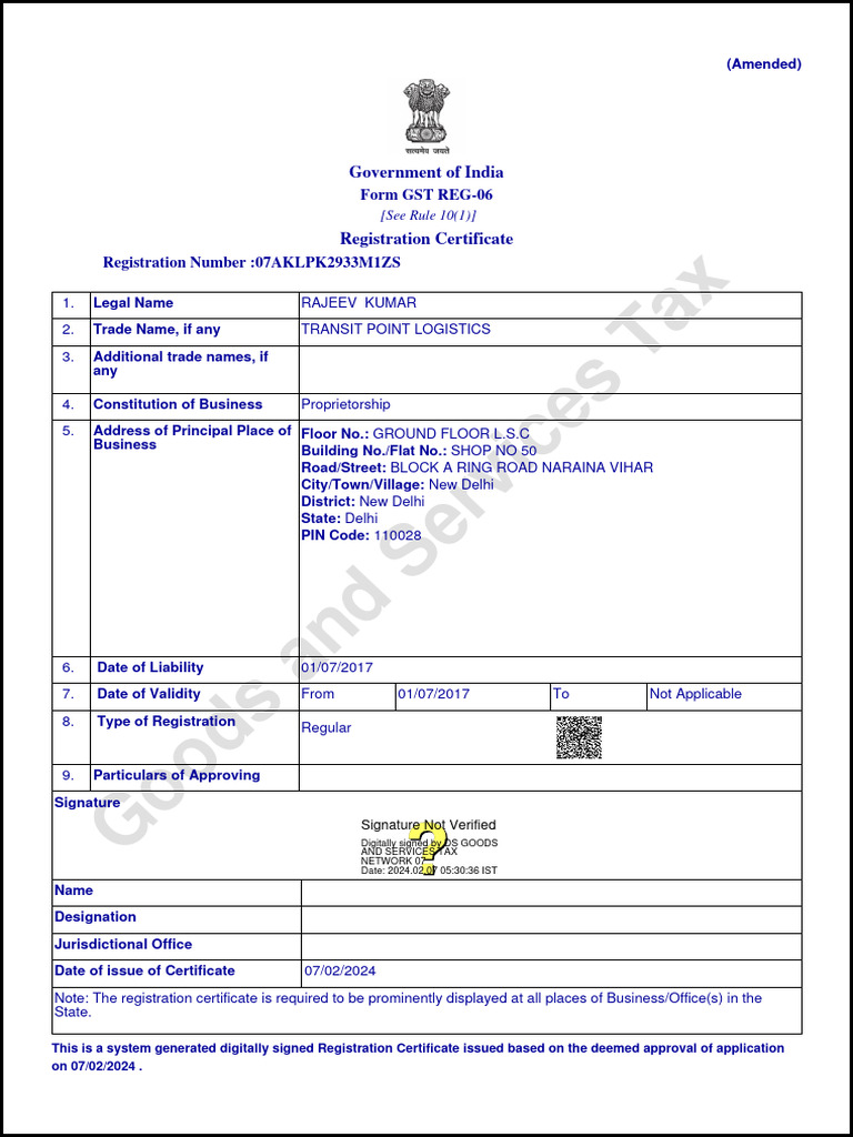 GST Certificate - Transit Point | PDF | Business | Taxes