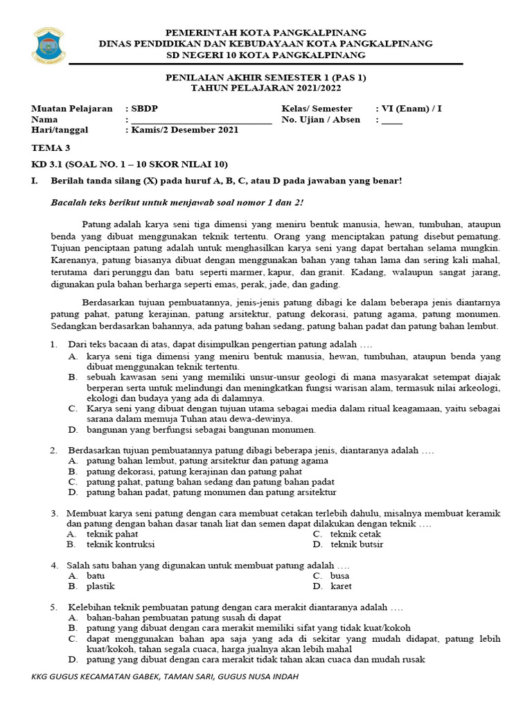 Soal Pas 1 SBDP Kls 6 2021 | PDF