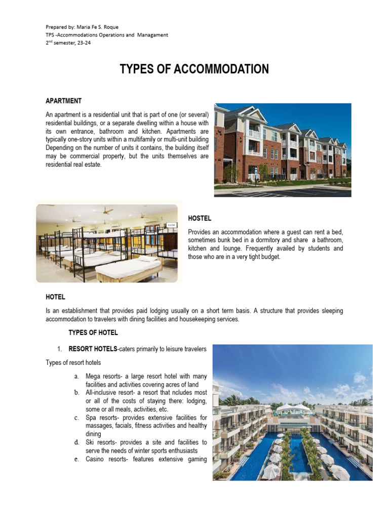 Types of Accommodation Explained | PDF | Resort | Hotel