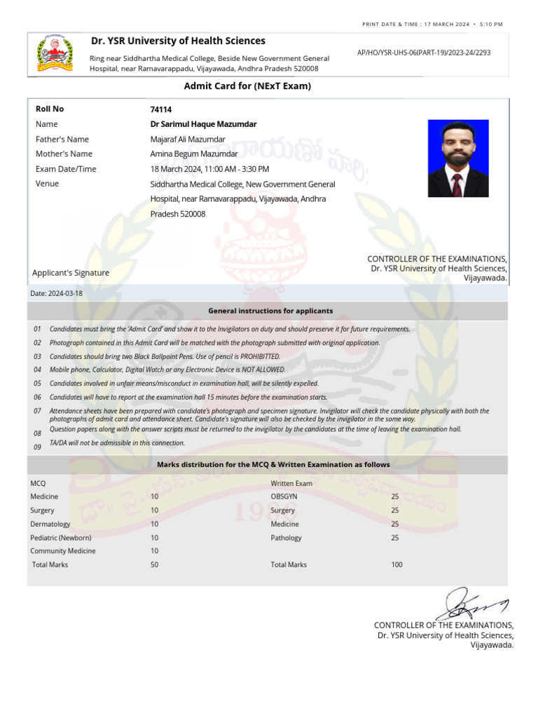 Admit - Card - NExT Exam | PDF | Health Care | Medicine