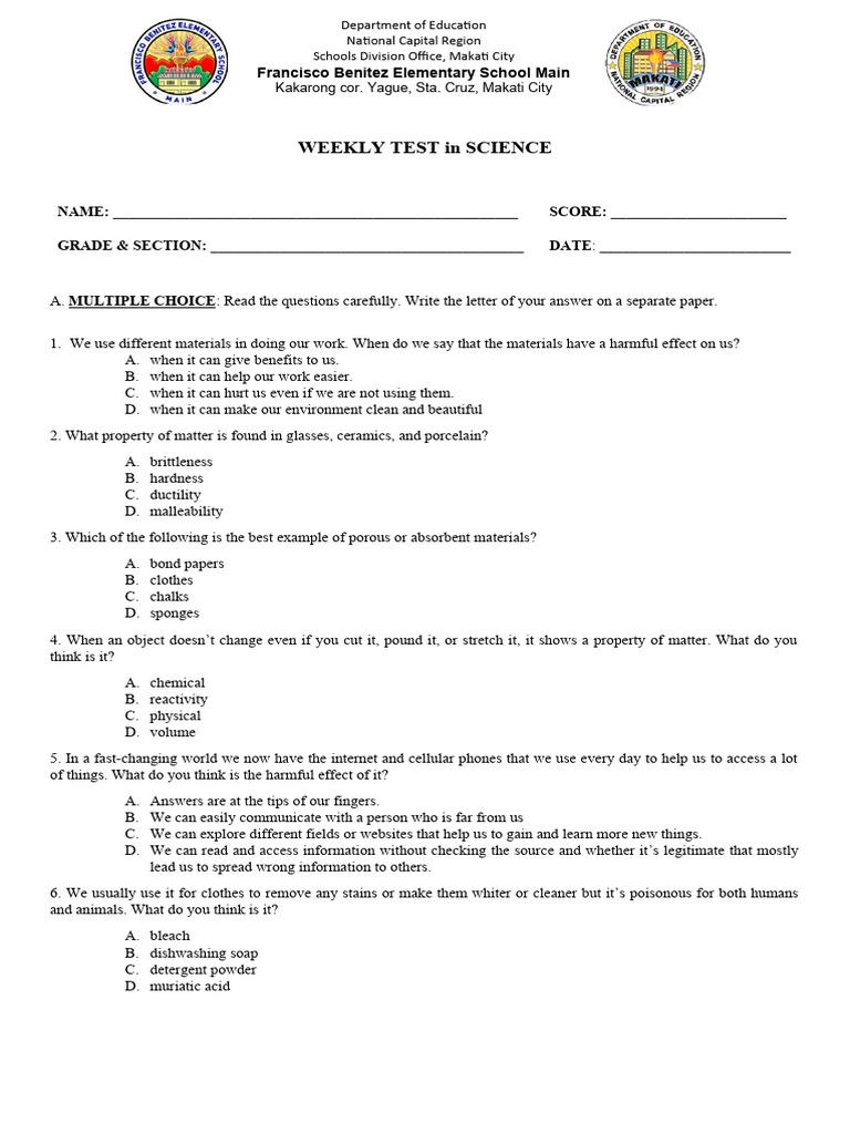 Science Weekly Test: Properties of Matter | PDF | Social Science