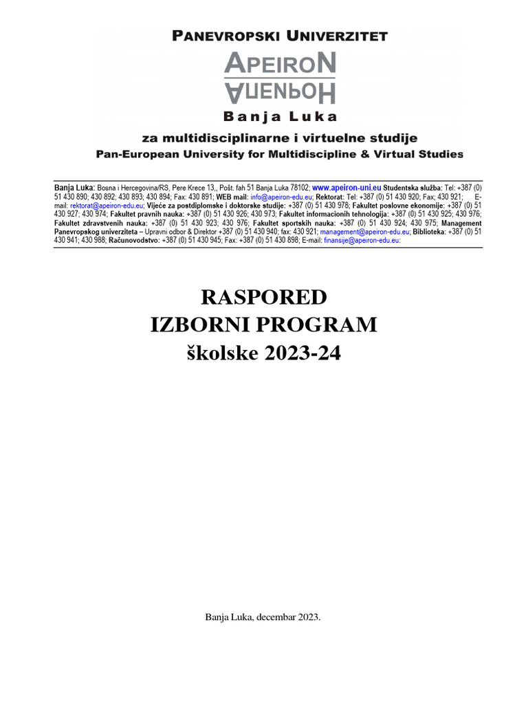 Raspored Predavanja-IZBORNI PROGRAM 2023-2024 | PDF