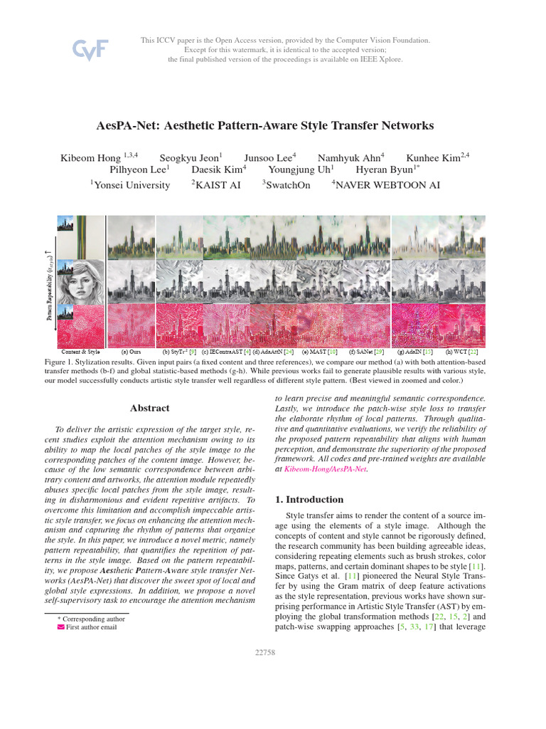 Hong AesPA-Net Aesthetic Pattern-Aware Style Transfer Networks ICCV 2023 Paper | PDF