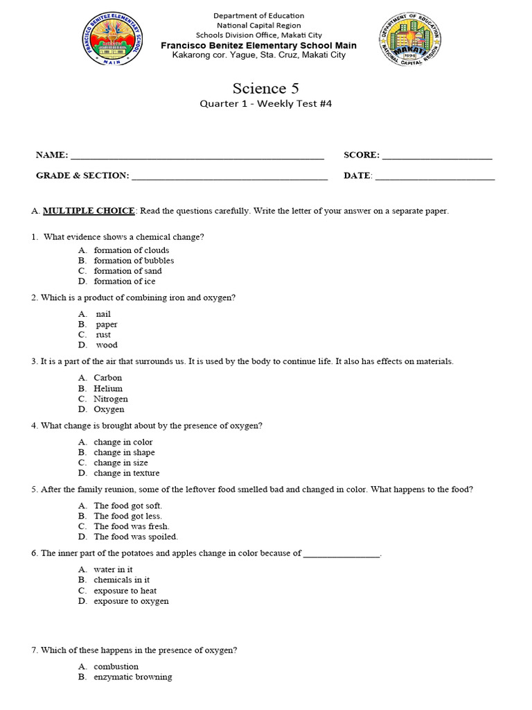 Quarter 1 - Weekly Test #4 | PDF | Oxygen | Combustion