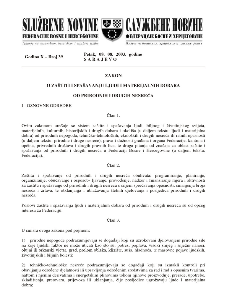 Zakon o Zastiti I Spasavanju Ljudi I Materijalnih Dobara Od Prirodnih I Drugih Nesreca | PDF