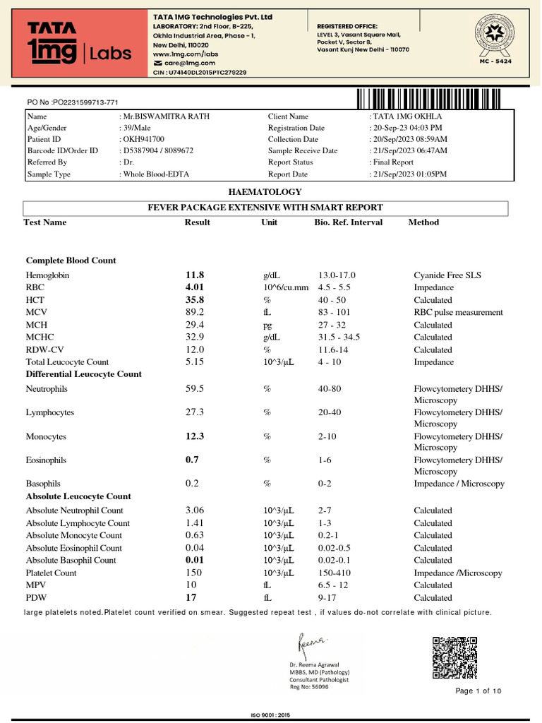 Haematology Fever Package Extensive With Smart Report Test Name Result ...