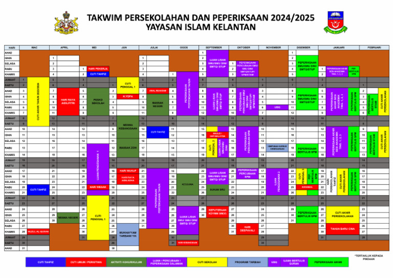 Takwim Persekolahan dan Peperiksaan Yayasan Islam Kelantan 2024-2025 | PDF