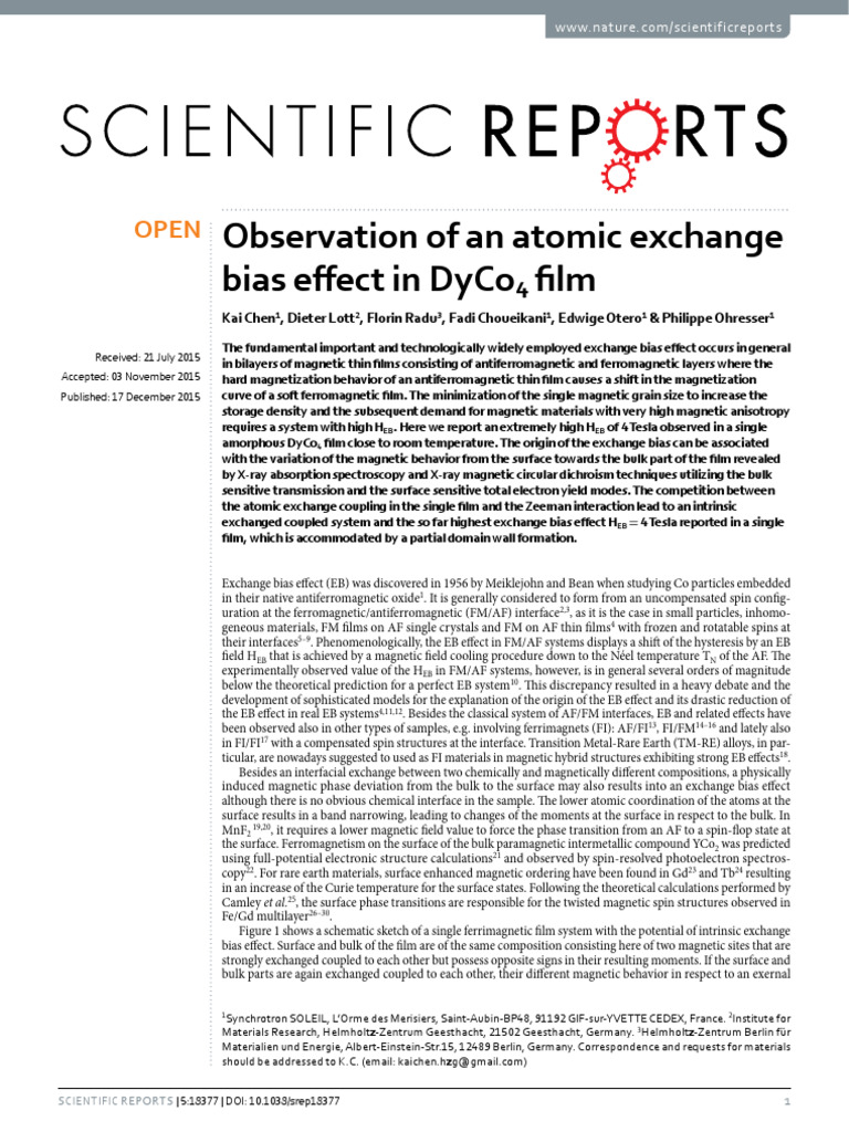 Observation of An Atomic Exchange Bias Effect in DyCo4 Film | PDF | Magnetism | Ferromagnetism